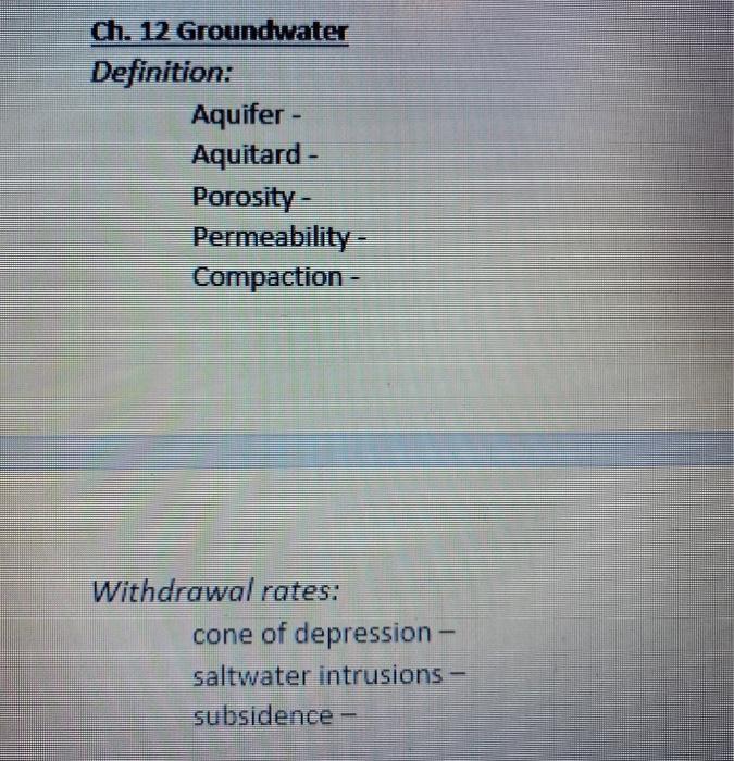 Solved Ch. 12 Groundwater Definition: Aquifer - Aquitard - | Chegg.com