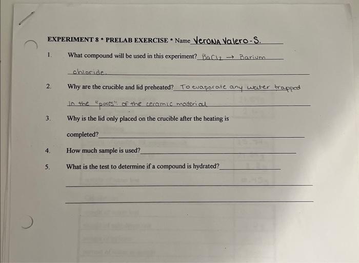 Solved EXPERIMENT 8 * PRELAB EXERCISE * Name VerONA | Chegg.com