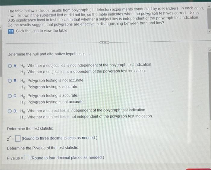 Solved The table below includes results from polygraph (lie | Chegg.com