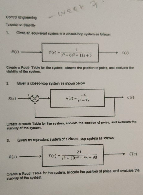 Solved Control Engineering Tutorial on Stability Given an | Chegg.com