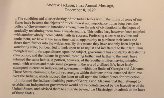 Andrew Jackson, First Annual Message, December 8, | Chegg.com