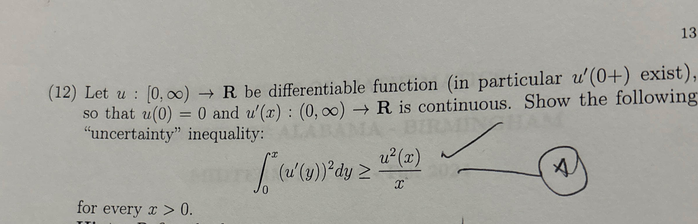 Solved 13(12) ﻿Let u:[0,∞)→R ﻿be differentiable function (in | Chegg.com