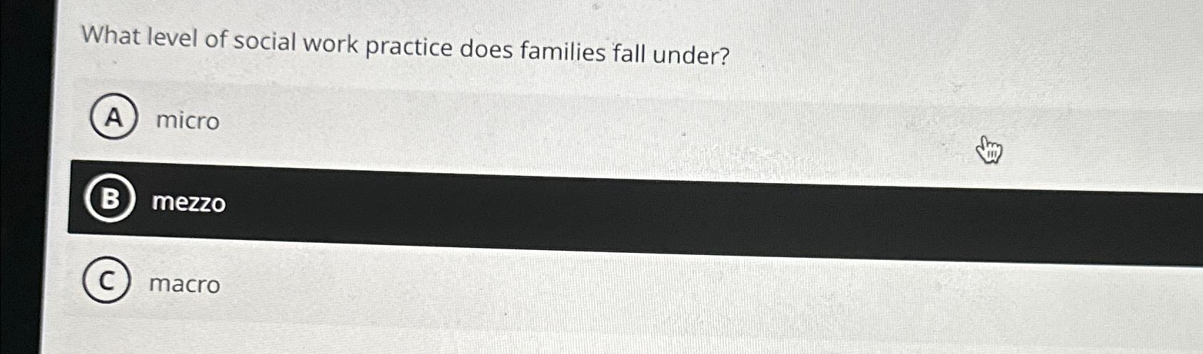 Solved What level of social work practice does families fall | Chegg.com
