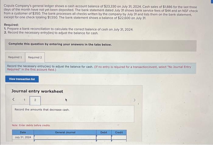 Solved Copula Company's general ledger shows a cash account | Chegg.com