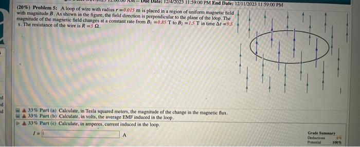 Solved (20\%) Problem 5: A loop of wire with radius r=0.015 | Chegg.com