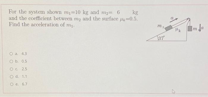 Solved For the system shown m1=10 kg and m2=6 kg and the | Chegg.com