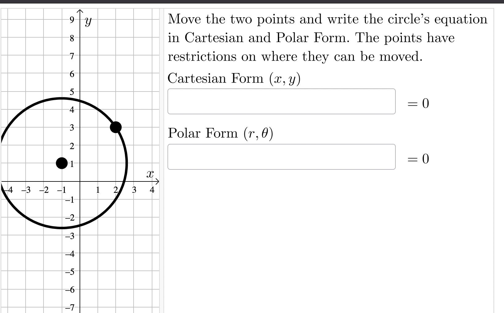 Solved Move the two points and write the circle's equationin | Chegg.com