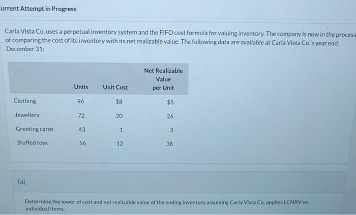 Solved Current Attempt in Progress Carla Vista Co. uses a | Chegg.com
