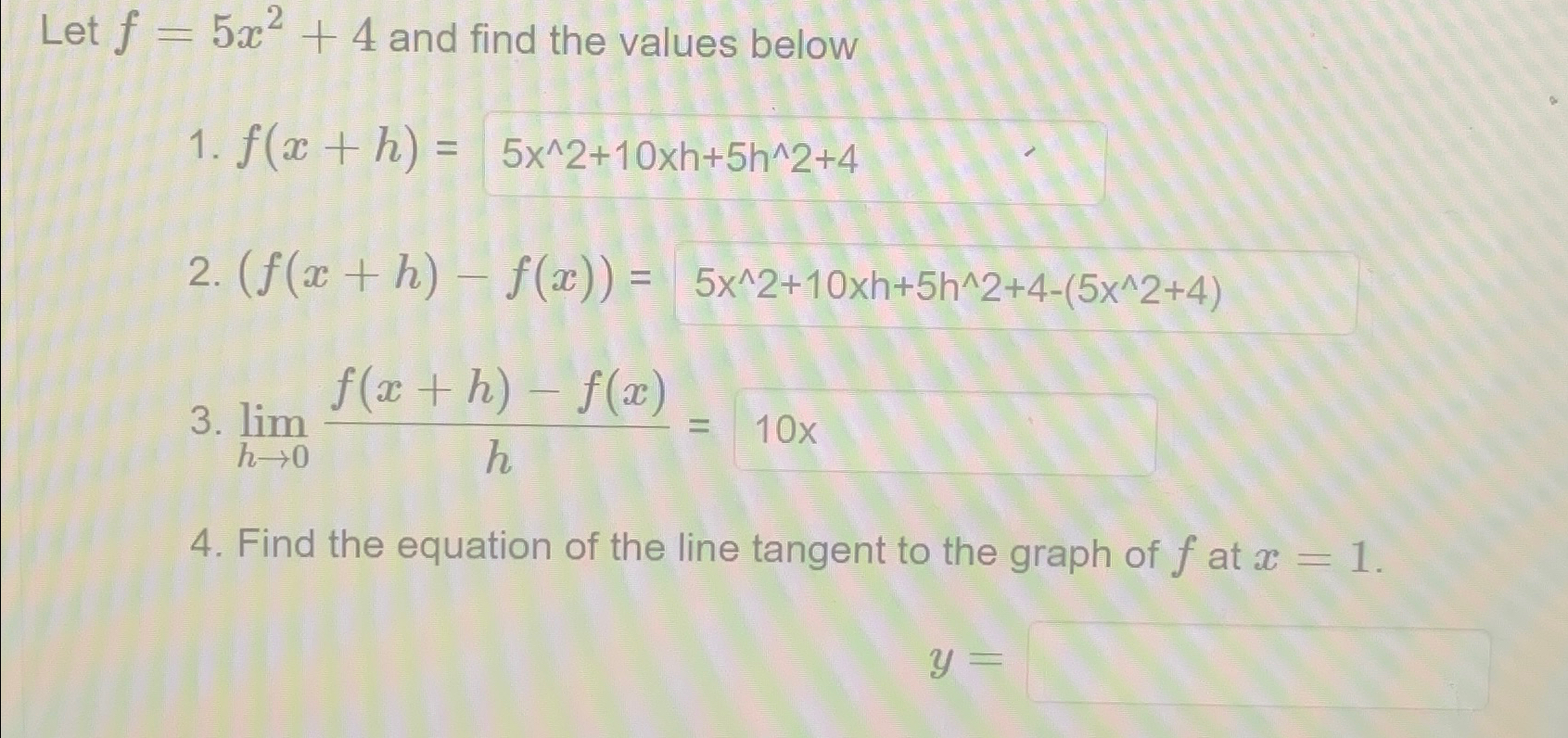 Solved Let f=5x2+4 ﻿and find the values belowFind the | Chegg.com