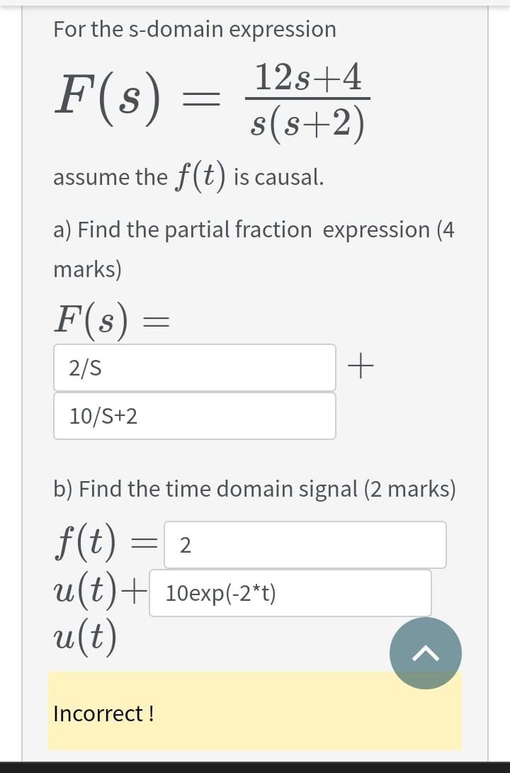 Solved For the s-domain expression F(s)=s(s+2)12s+4 assume | Chegg.com