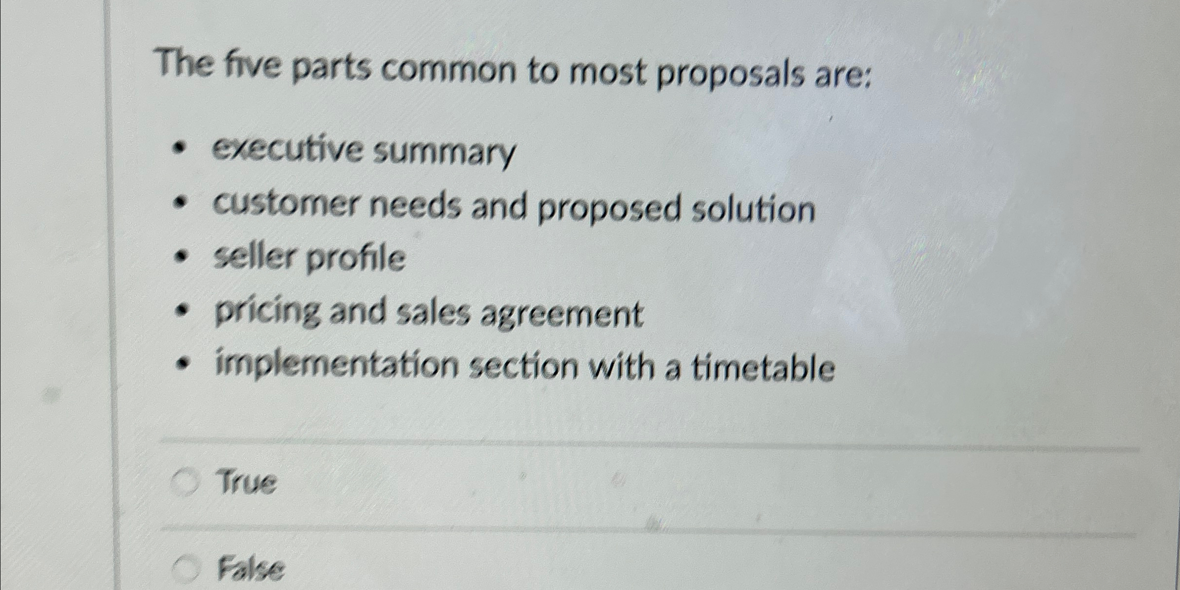 Solved The five parts common to most proposals are:executive | Chegg.com