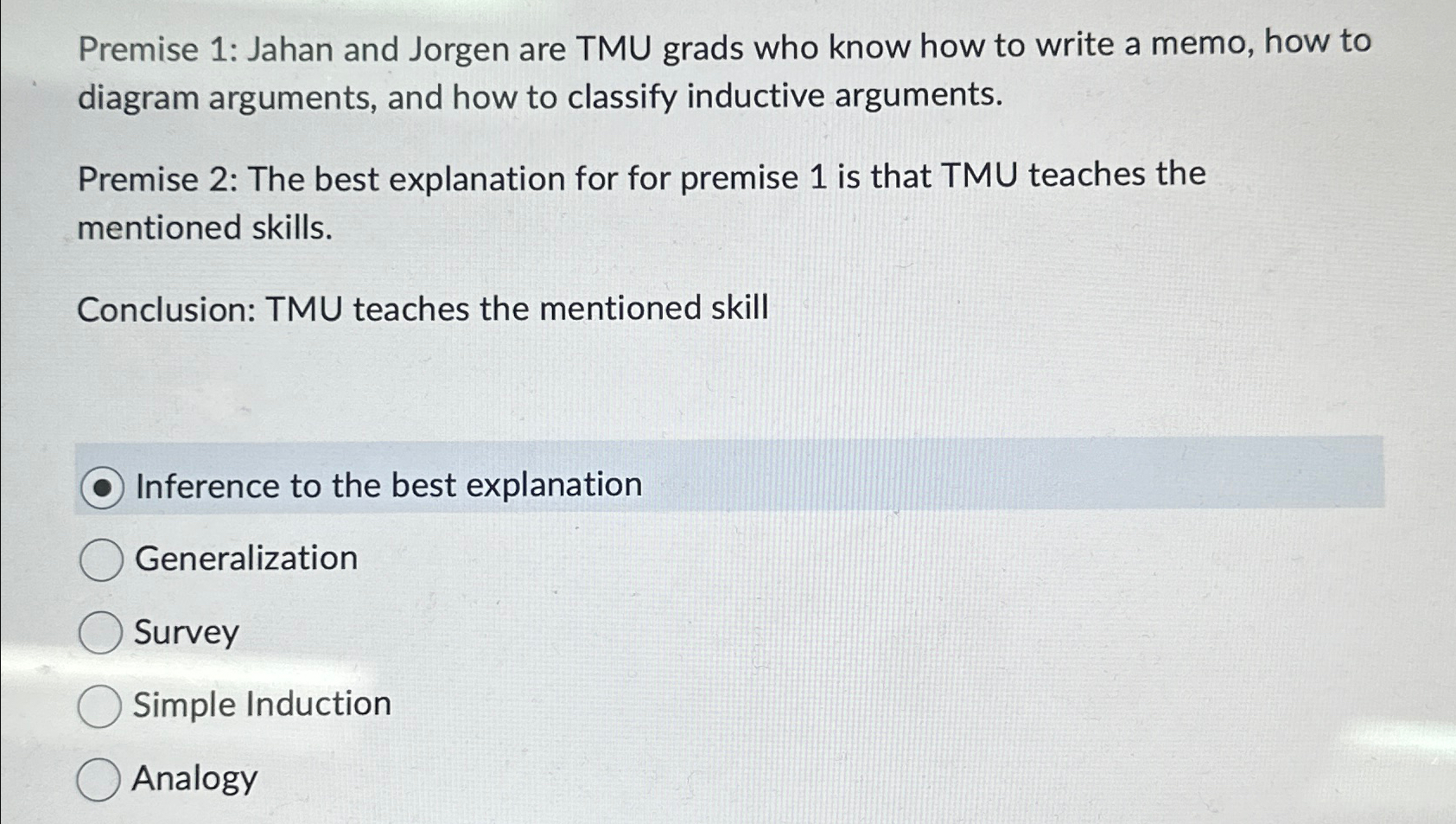 Solved Premise 1: Jahan and Jorgen are TMU grads who know | Chegg.com