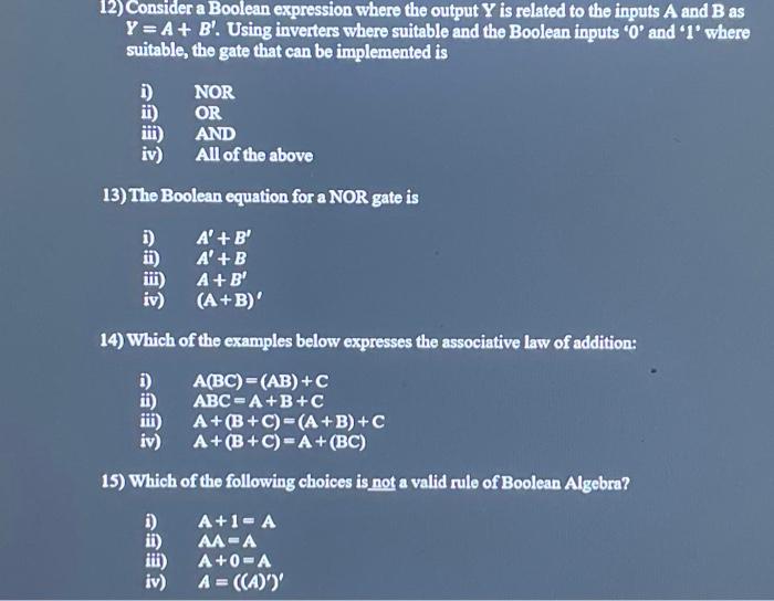 Solved 12) Consider a Boolean expression where the output Y | Chegg.com