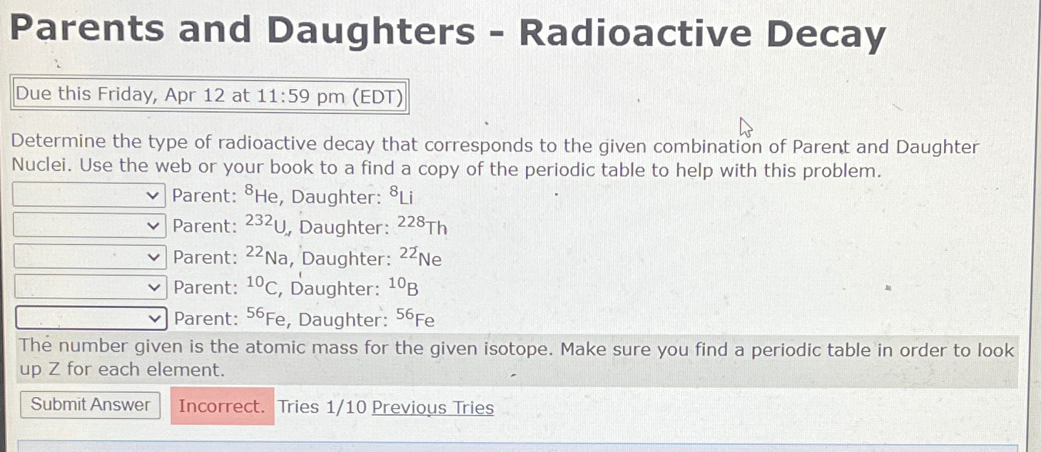 Solved Parents and Daughters - ﻿Radioactive DecayDue this | Chegg.com