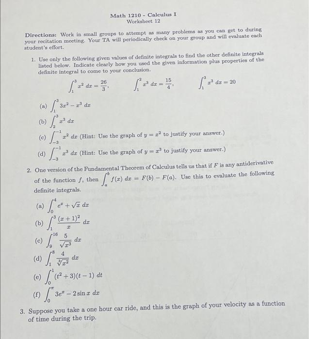 Solved Math 1210 - Calculus I Worksheet 12 Directions: Work | Chegg.com