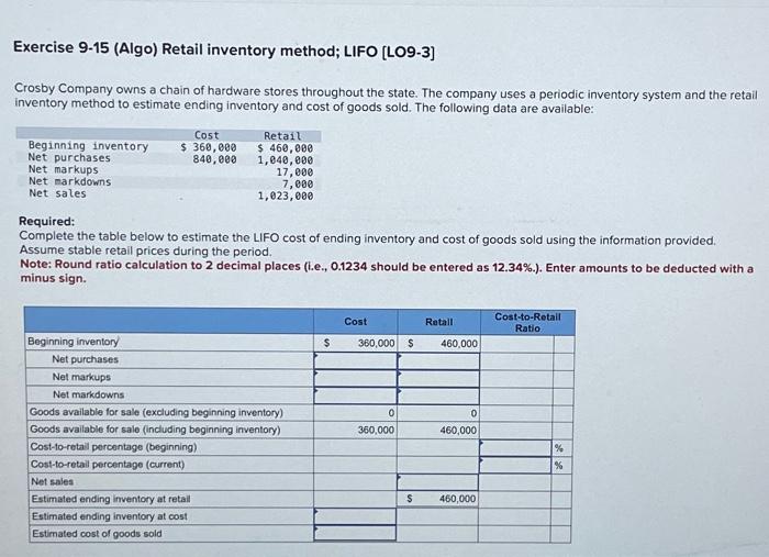 Solved Exercise 9-15 (Algo) Retail inventory method; LIFO | Chegg.com