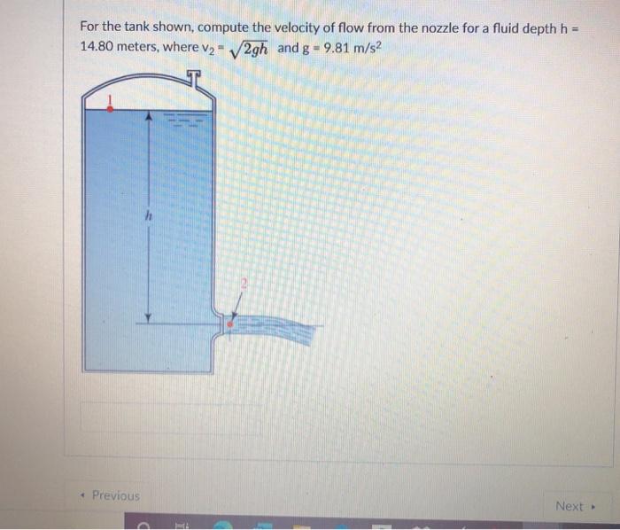 Solved For the tank shown, compute the velocity of flow from | Chegg.com