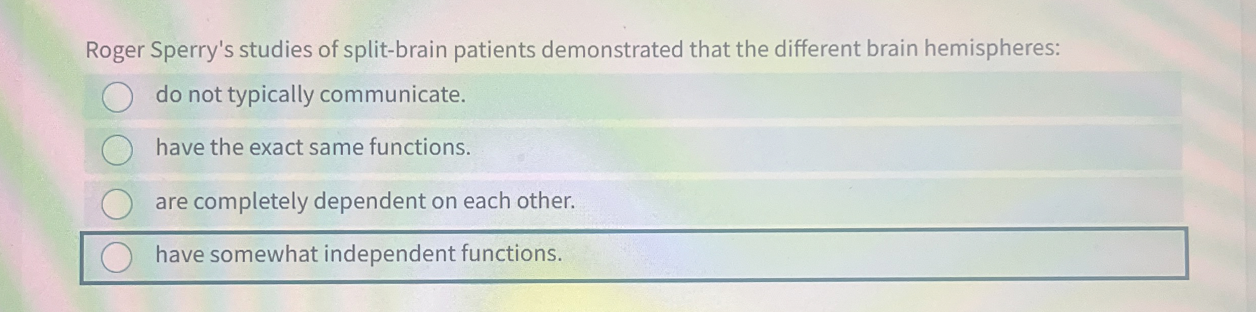 Solved Roger Sperry's studies of split-brain patients | Chegg.com