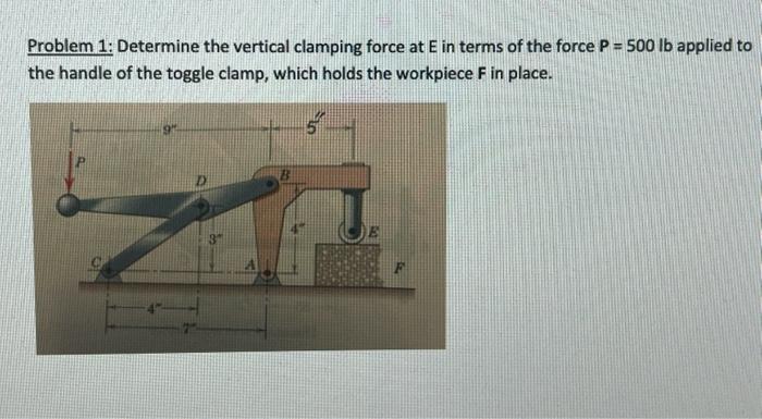 Solved Problem 1: Determine the vertical clamping force at E | Chegg.com