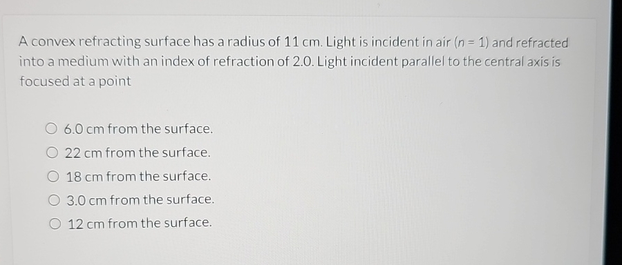 Solved A convex refracting surface has a radius of 11cm. | Chegg.com