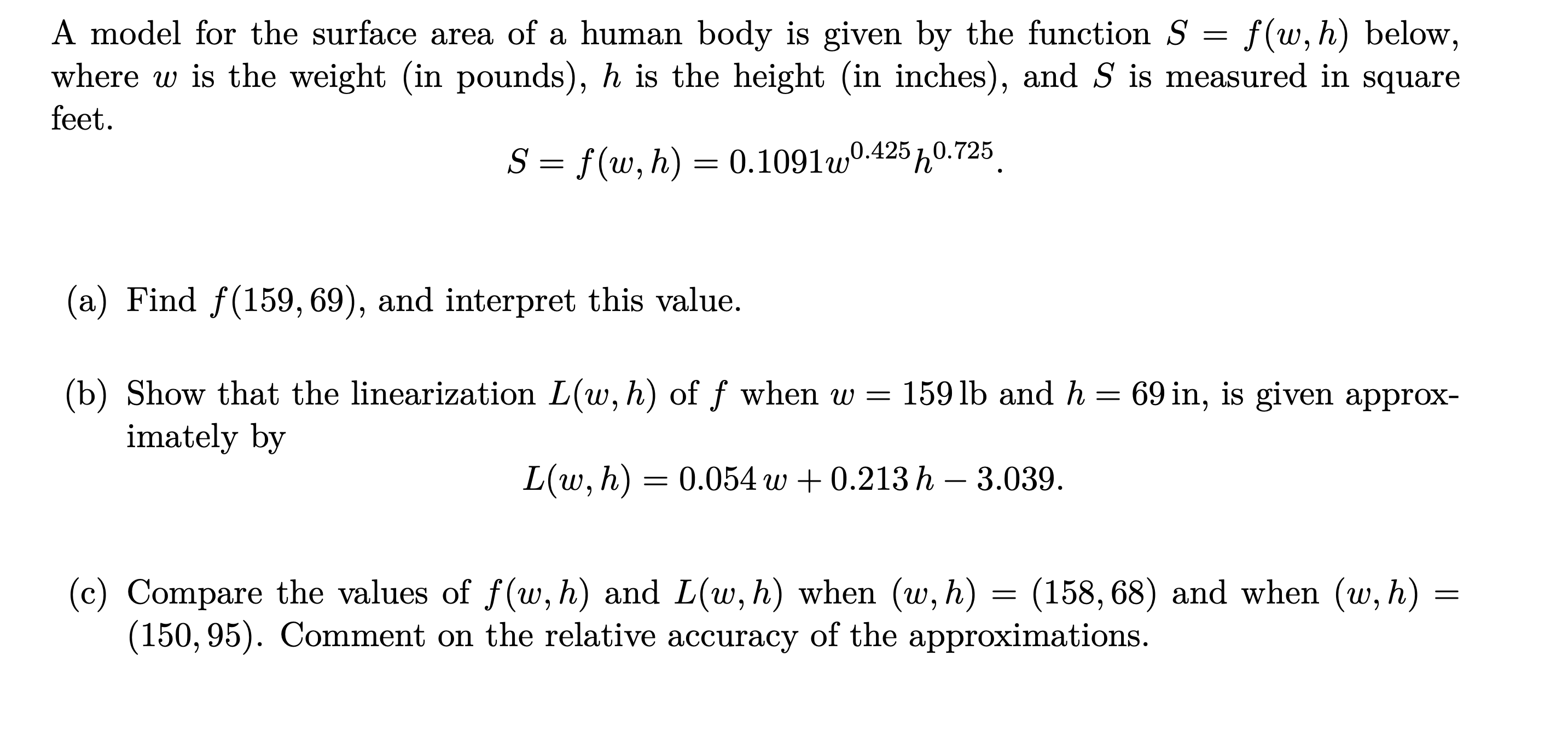Solved A model for the surface area of a human body is given | Chegg.com