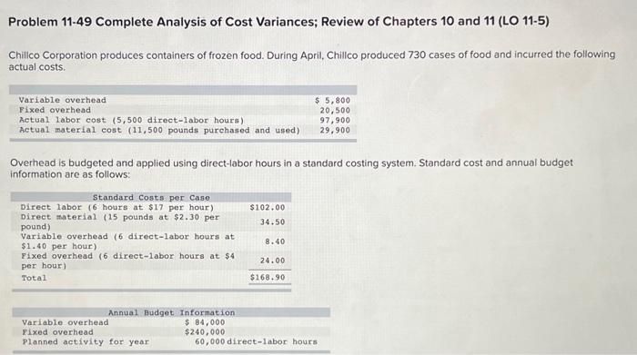 Solved Problem 11-49 Complete Analysis of Cost Variances; | Chegg.com