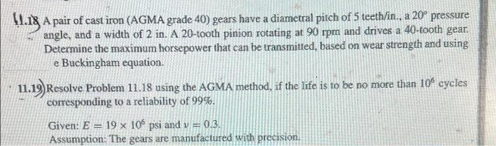 Solved a 41.18 A pair of cast iron (AGMA grade 40) gears | Chegg.com