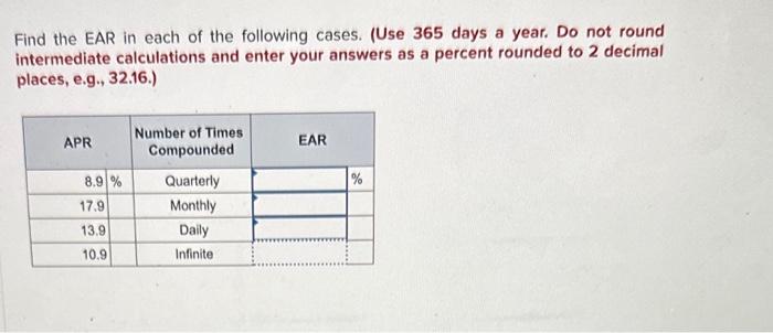 Solved Find the EAR in each of the following cases. (Use 365 | Chegg.com
