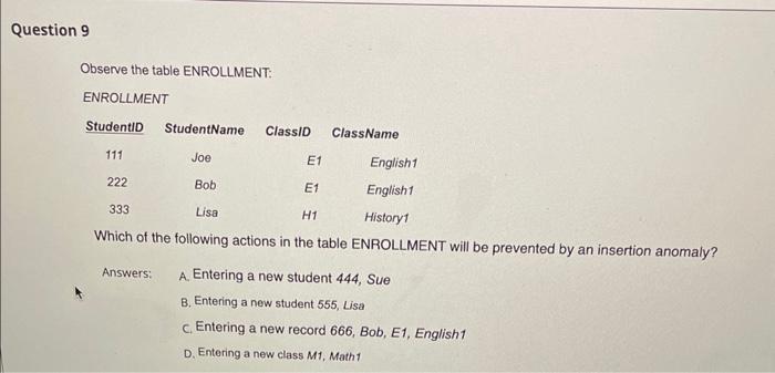 Solved Observe the table ENROLLMENT: ENROLLMENT Which of the | Chegg.com