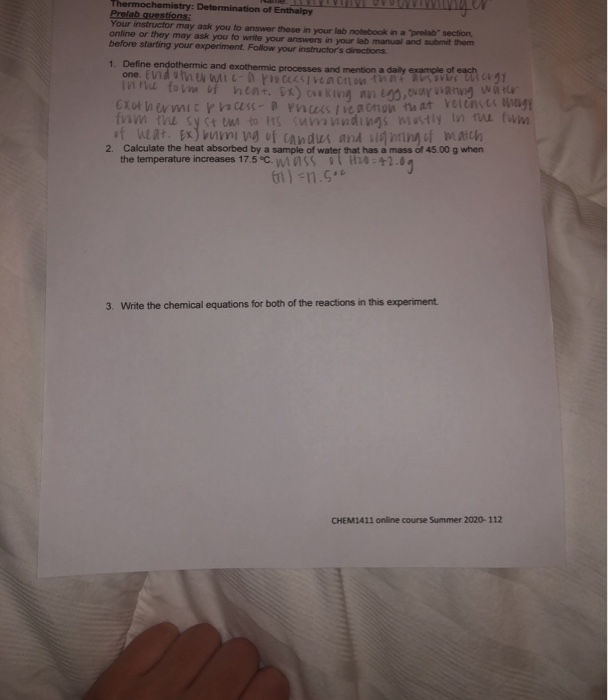 Solved Thermochemistry: Determination of Enthalpy Prelab | Chegg.com