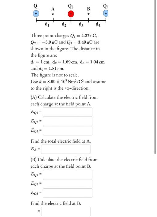 Solved Three point charges Q1=4.27nC, Q2=−3.9nC and | Chegg.com