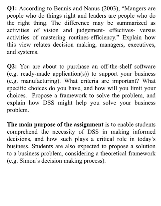 Q1: According to Bennis and Nanus (2003), “Mangers | Chegg.com