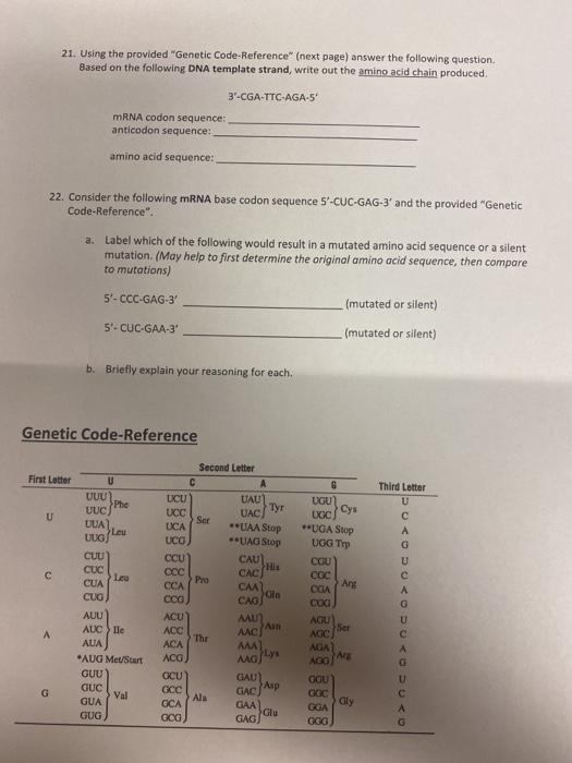 Solved 21. Using the provided "Genetic Code-Reference" (next | Chegg.com