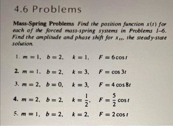 Solved Mass-Spring Problems Find the position function x(t) | Chegg.com