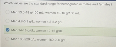 Solved Which values are the standard range for hemoglobin in | Chegg.com