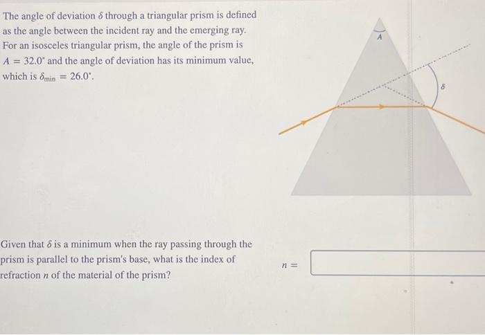 Solved The angle of deviation δ through a triangular prism | Chegg.com