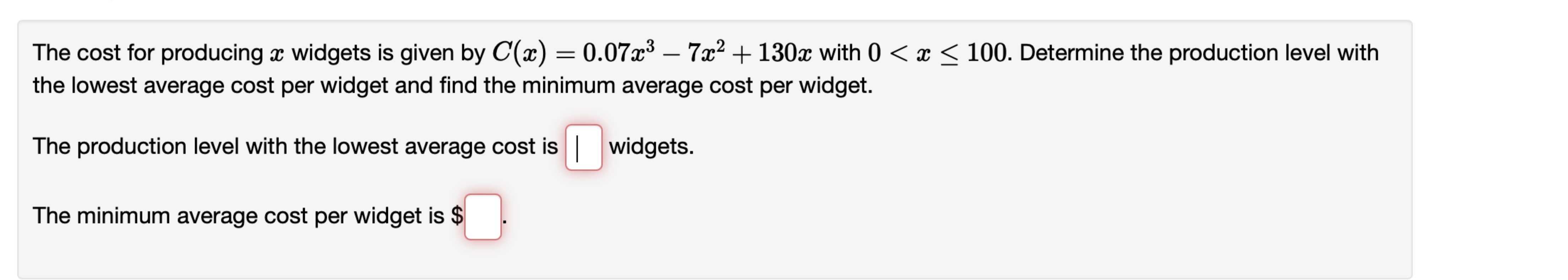 Solved The cost for producing x ﻿widgets is given by | Chegg.com