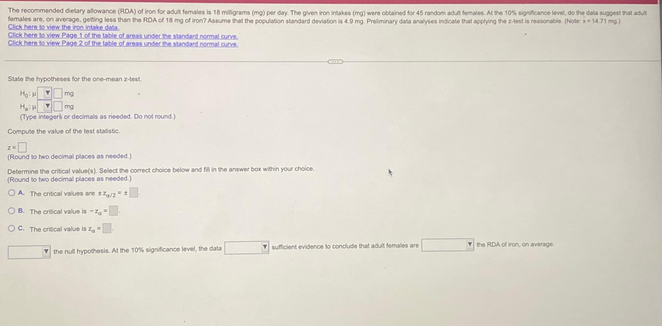 Solved Click here to view the iron intake data.Click here to | Chegg.com