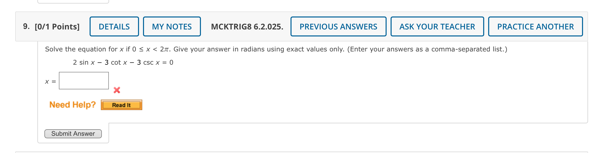 [0/1 ﻿Points]MCKTRIG8 6.2.025.Solve the equation for | Chegg.com