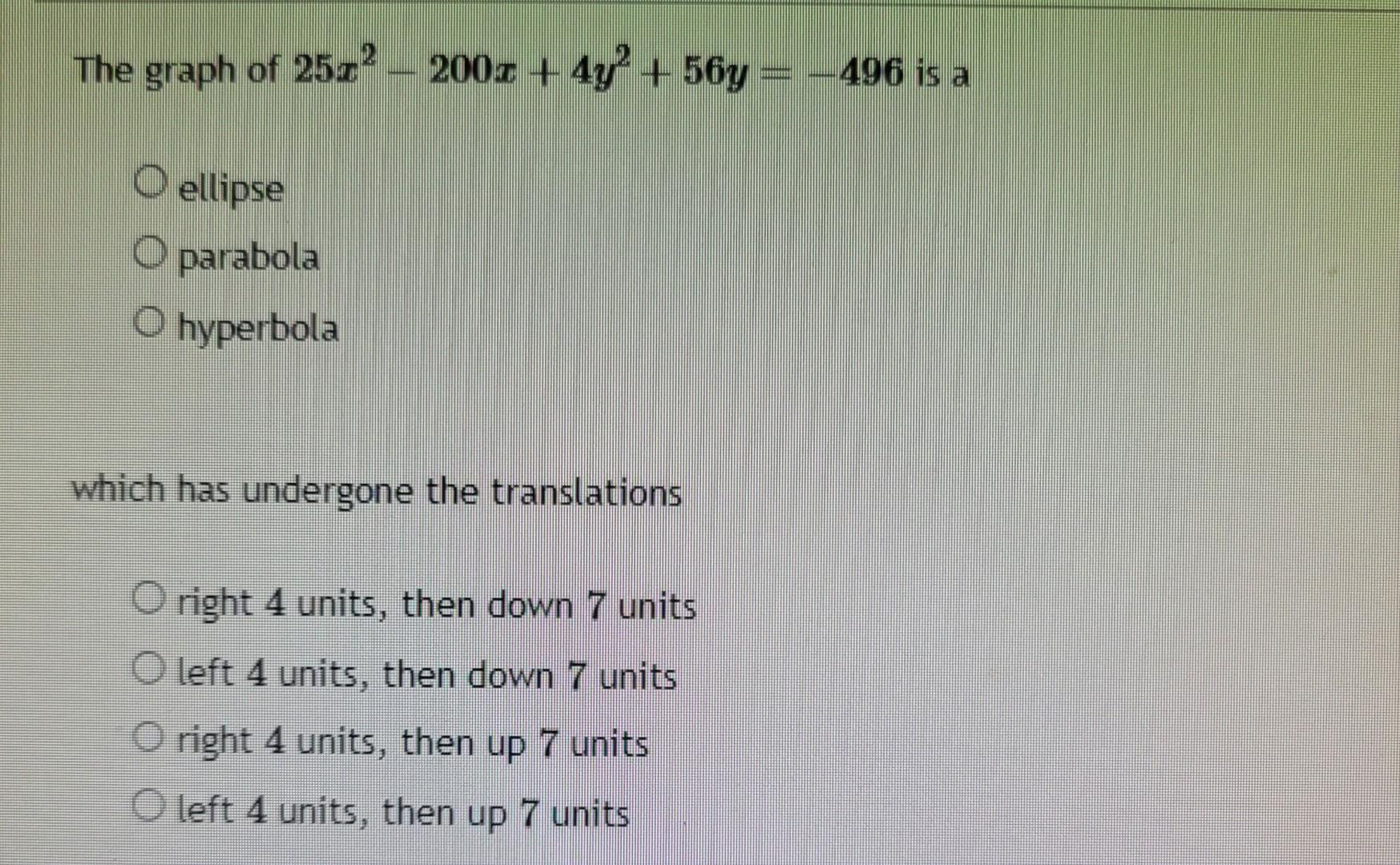 Solved The graph of 25x2−200x+4y2+56y=−496 is a ellipse | Chegg.com