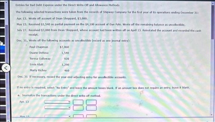Solved Entries for Bad Debt Expense under the Direct | Chegg.com
