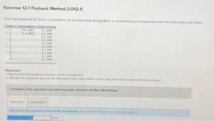 Solved Exercise 12-1 Payback Method (LO12-1) Year The | Chegg.com