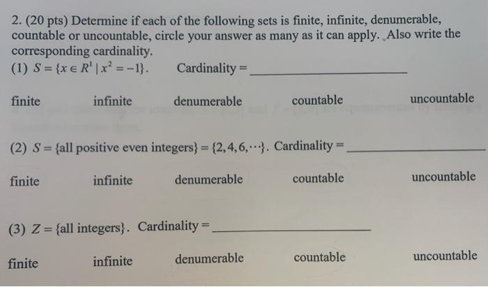Solved 2. (20 pts) Determine if each of the following sets | Chegg.com