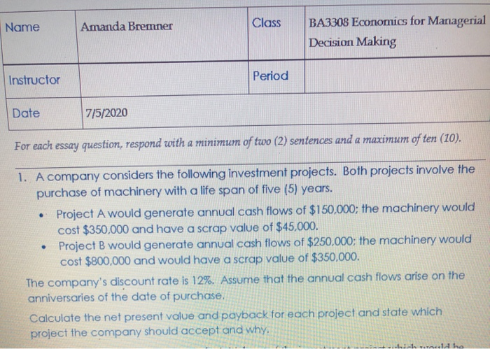 Solved Name Amanda Bremner Class BA3308 Economics for | Chegg.com
