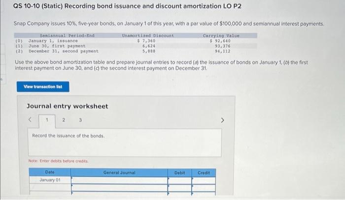 Solved QS 10-10 (Static) Recording bond issuance and | Chegg.com