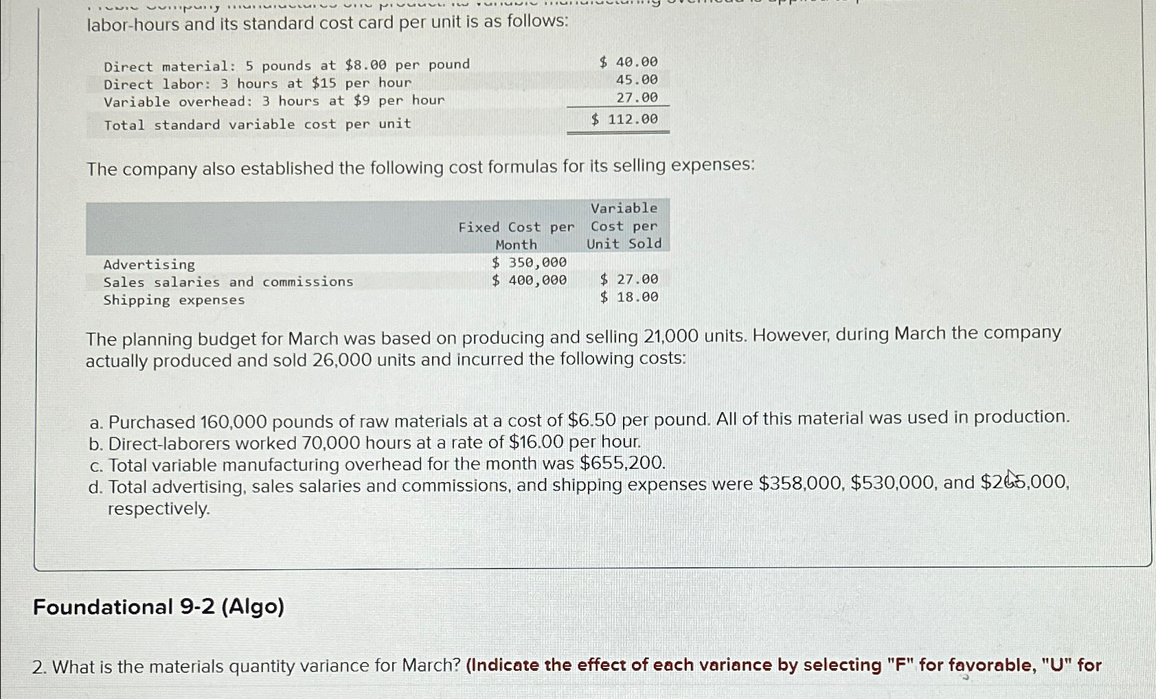 Solved labor-hours and its standard cost card per unit is as | Chegg.com