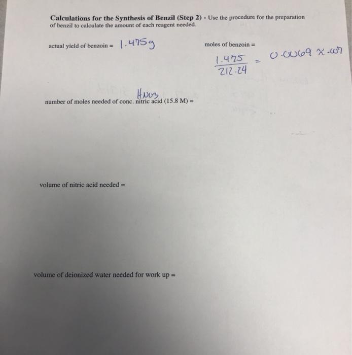 Calculations for the Synthesis of Benzil (Step 2) - | Chegg.com