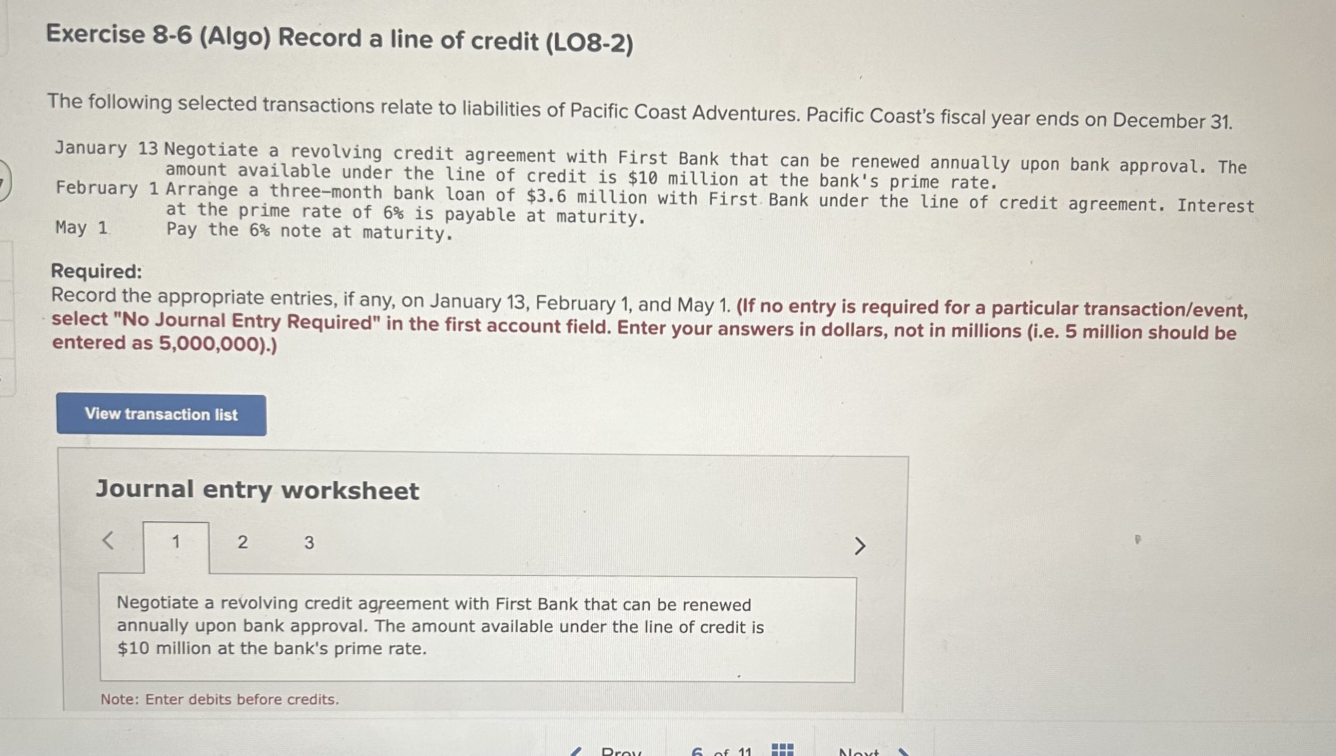Solved Exercise 8-6 (Algo) ﻿Record a line of credit | Chegg.com