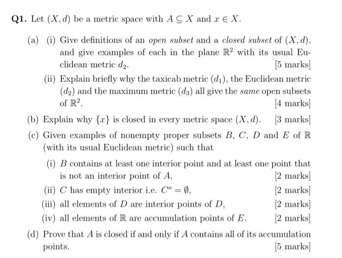 Solved 21. Let (X,d) be a metric space with A⊆X and x∈X. (a) | Chegg.com