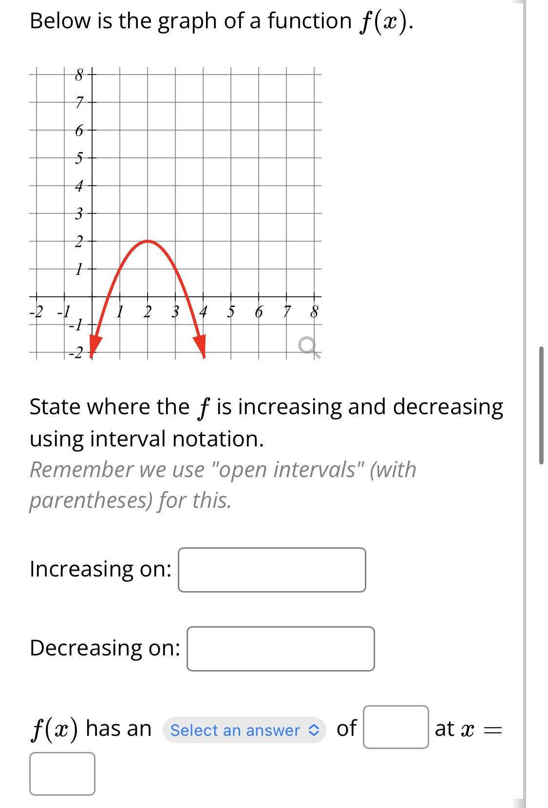 Solved Below is the graph of a function f(x).State where the | Chegg.com